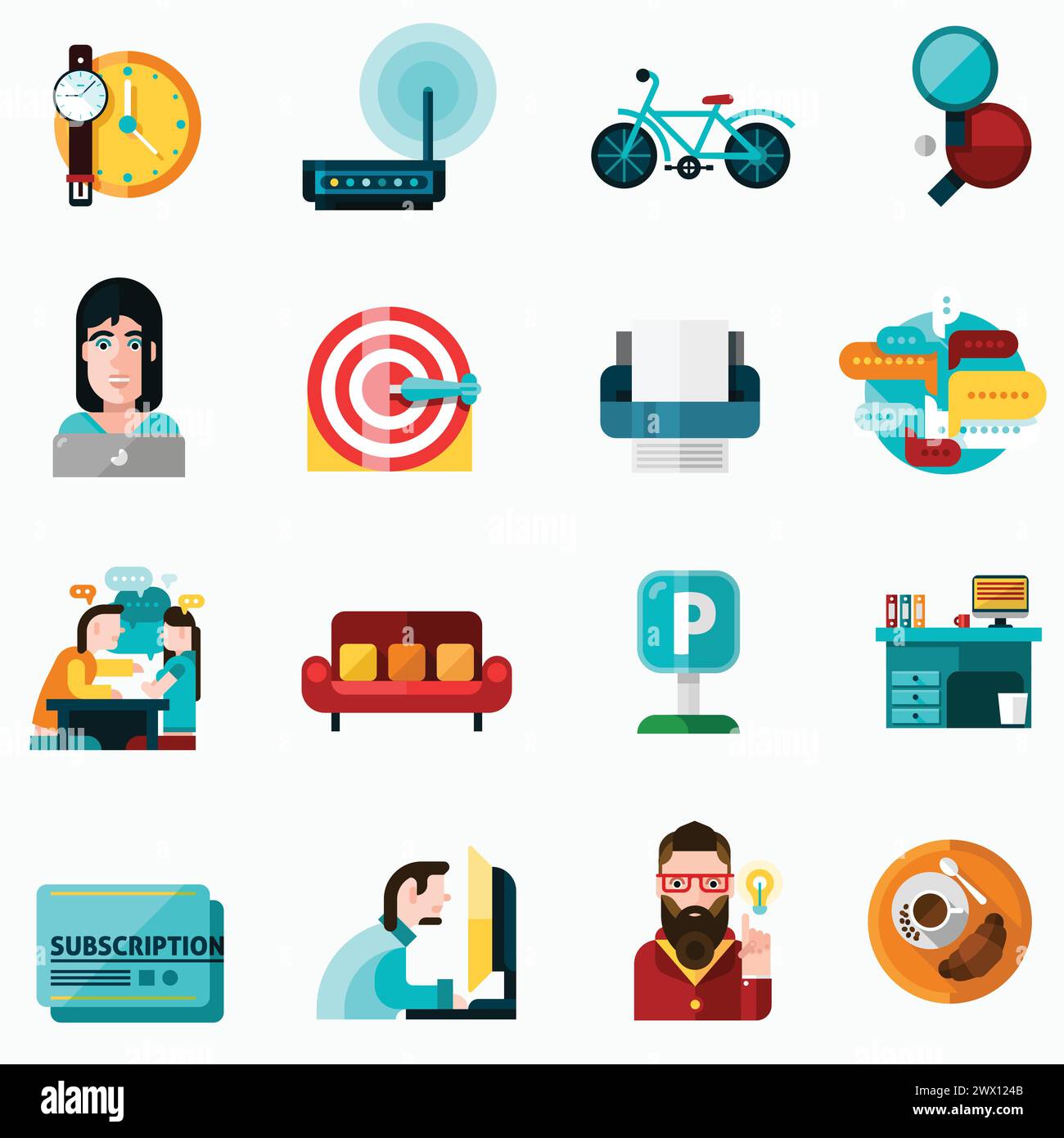 Coworking icons set with time and idea symbols flat isolated vector ...