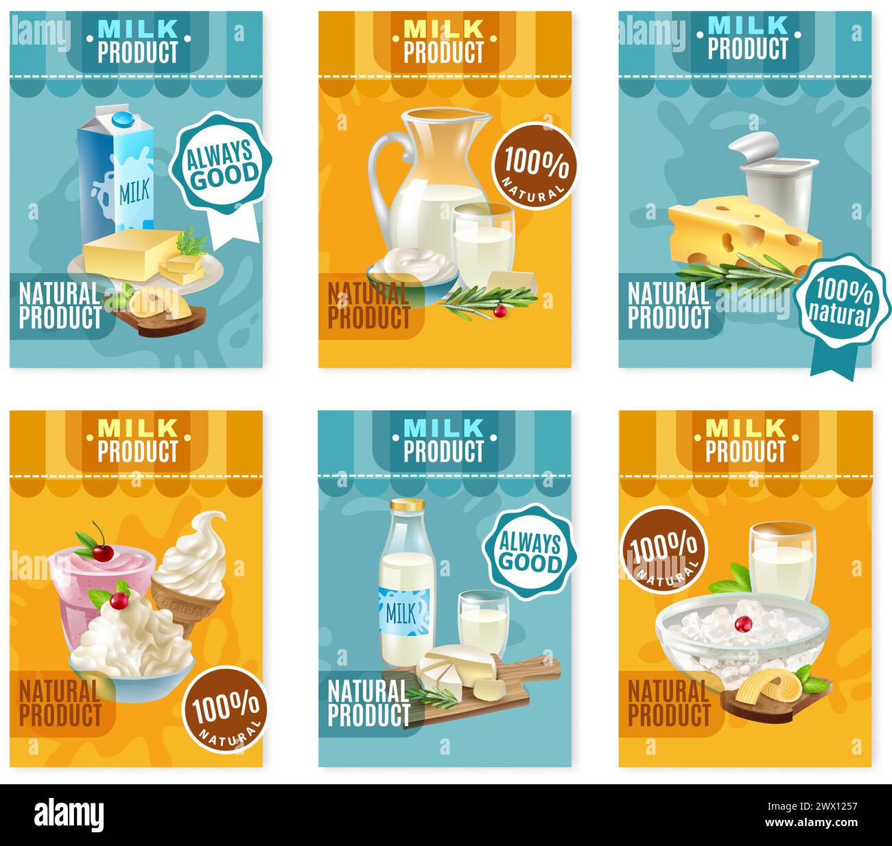 Dairy products banners set with milk and cheese cartoon isolated vector ...