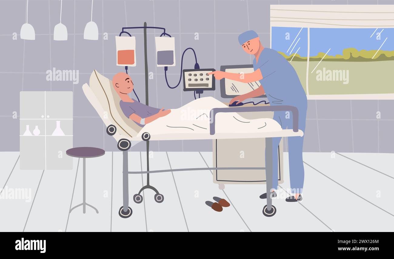 Cancer patient oncology flat composition with indoor view of hospital ...
