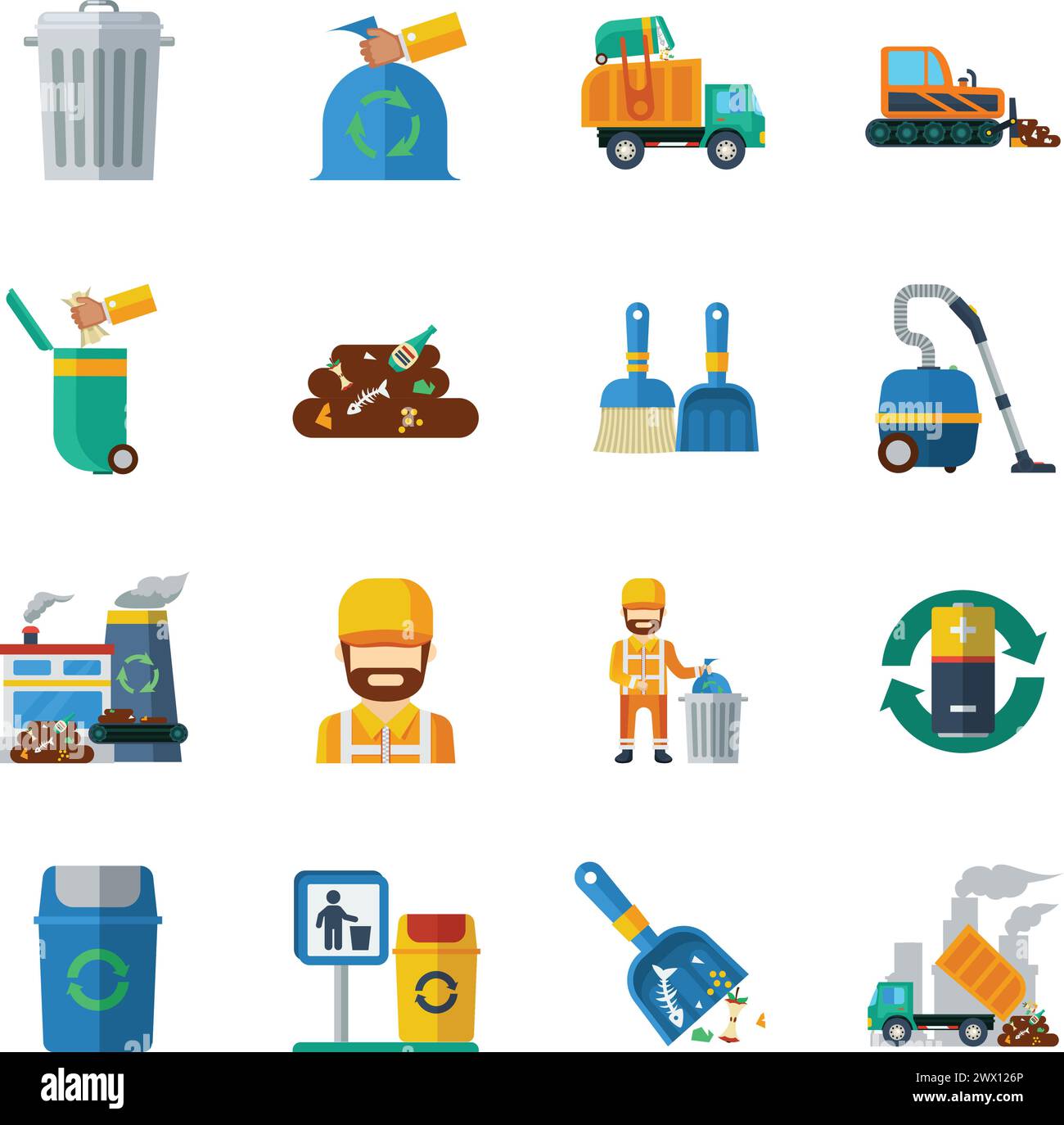 Garbage recycling flat color icons set of dump truck garbage can ...