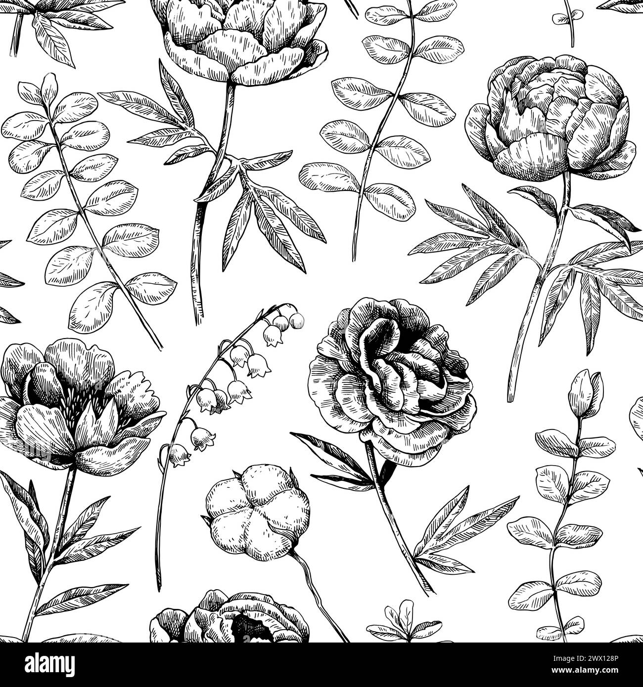 Monochrome seamless pattern with peony and eucalyptus in victorian ...