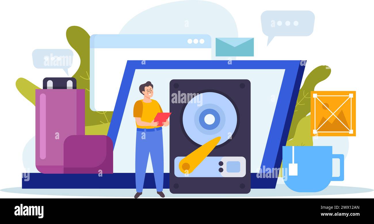 Male character backing up files and recovering data on hard disk flat ...