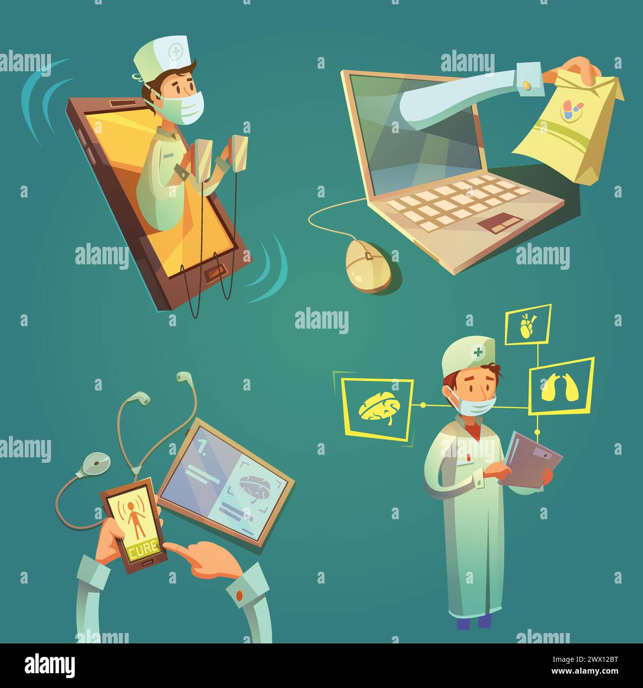 Online doctor cartoon set with laptop and mobile phone isolated vector ...