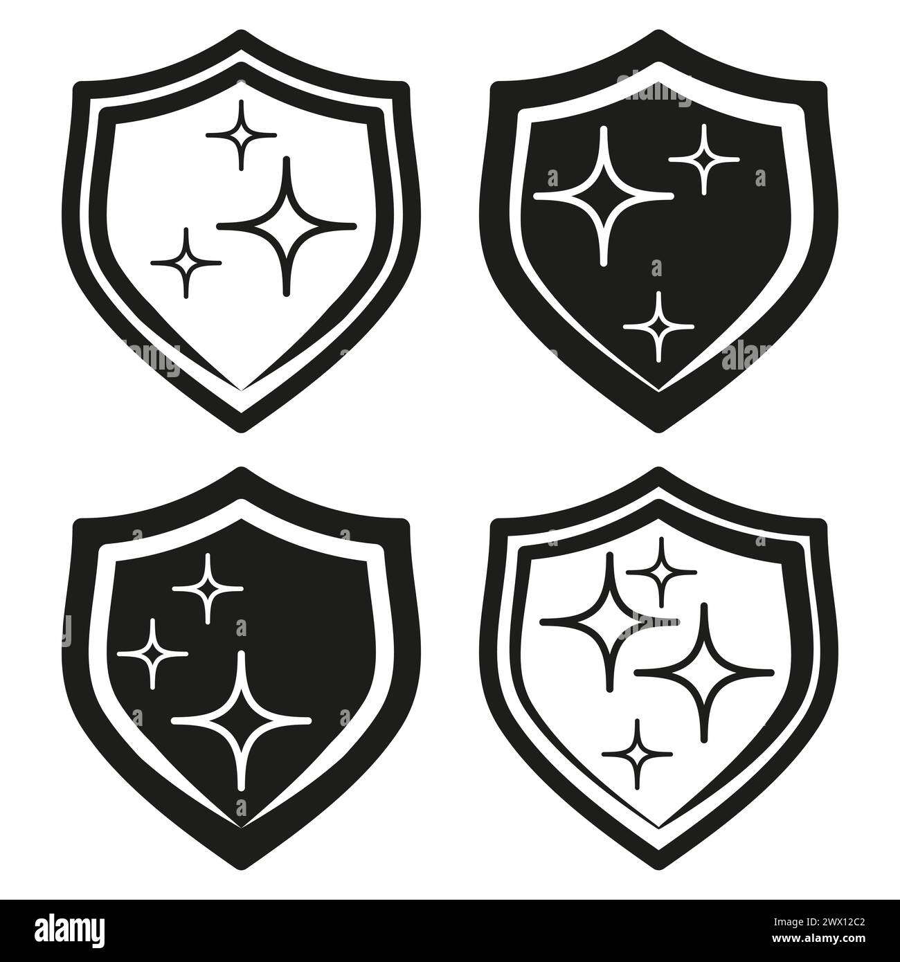 Clean shield icons set. Shiny star details. Security symbol collection ...