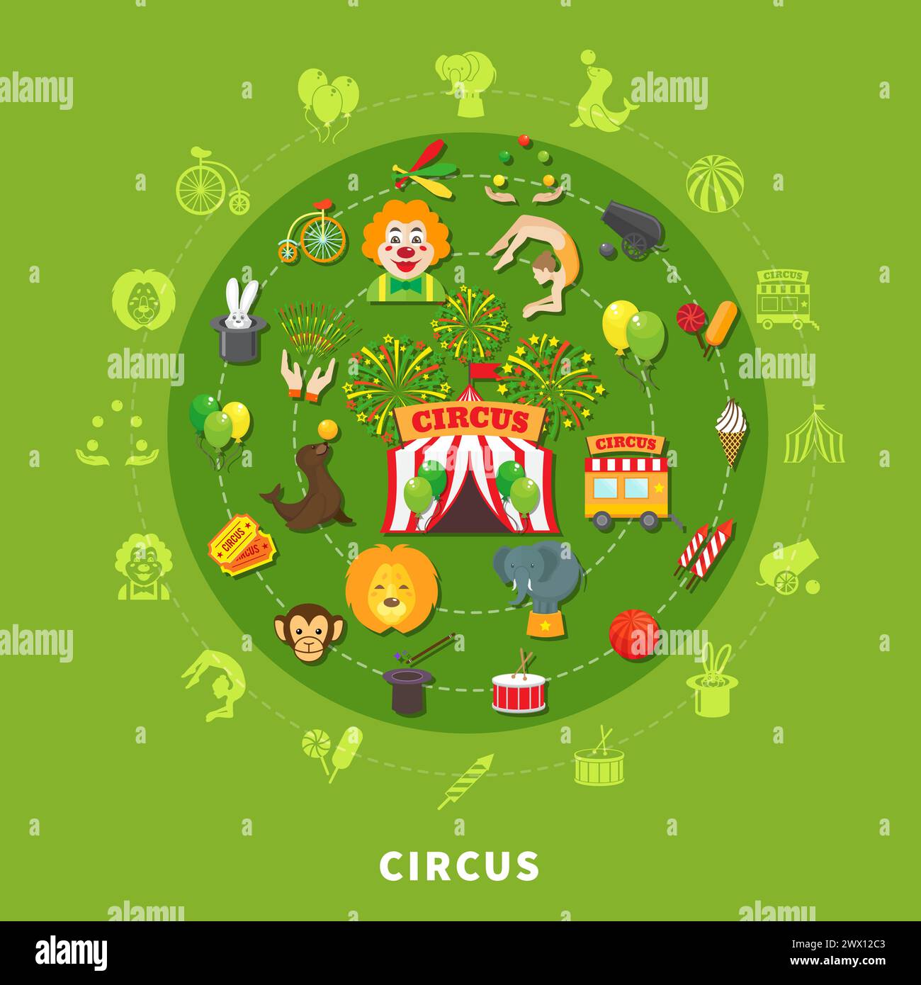 Circus concept with entertainment symbols in circle vector illustration ...