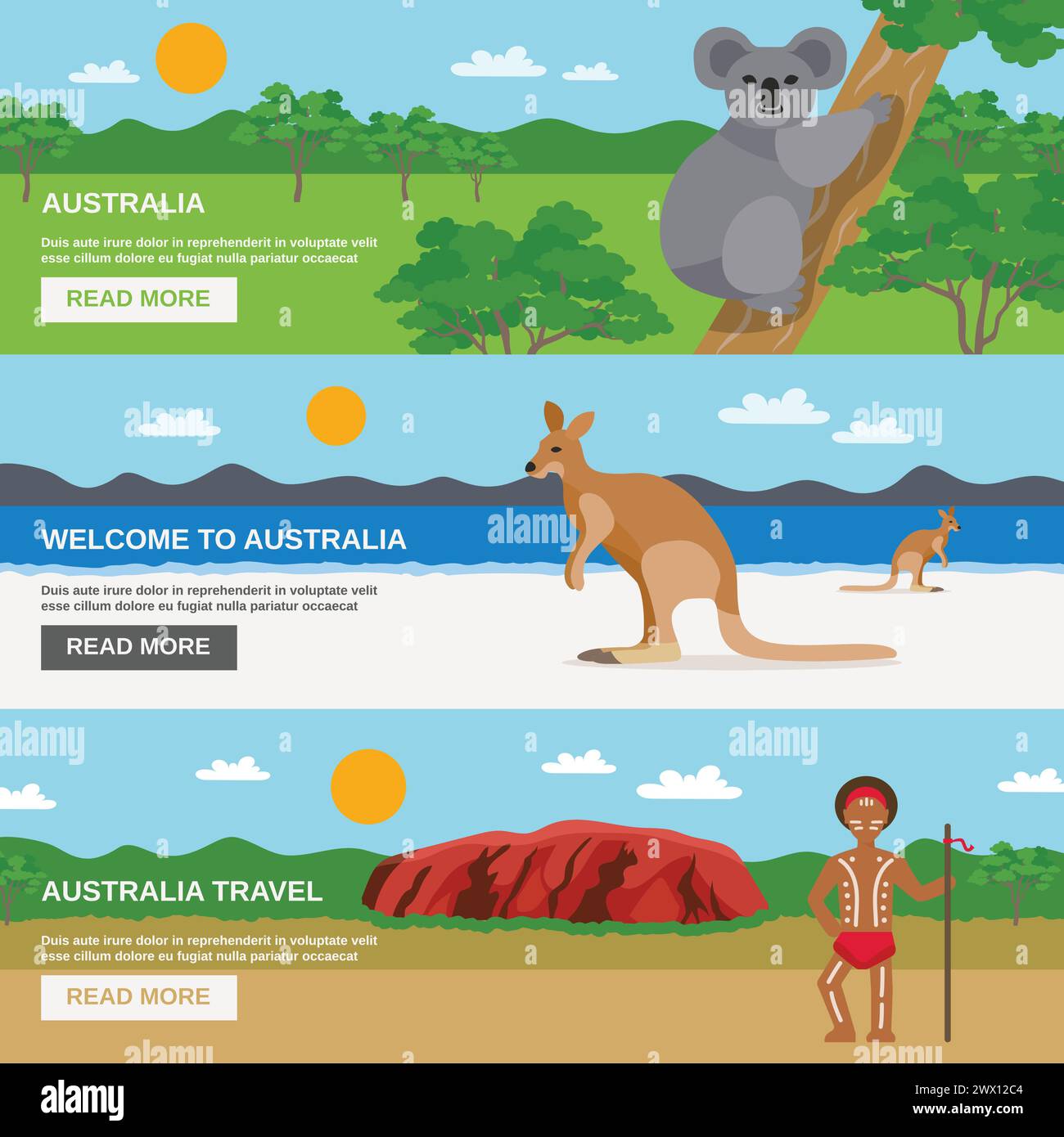 Australia travel horizontal banners set with beach desert aborigine and ...