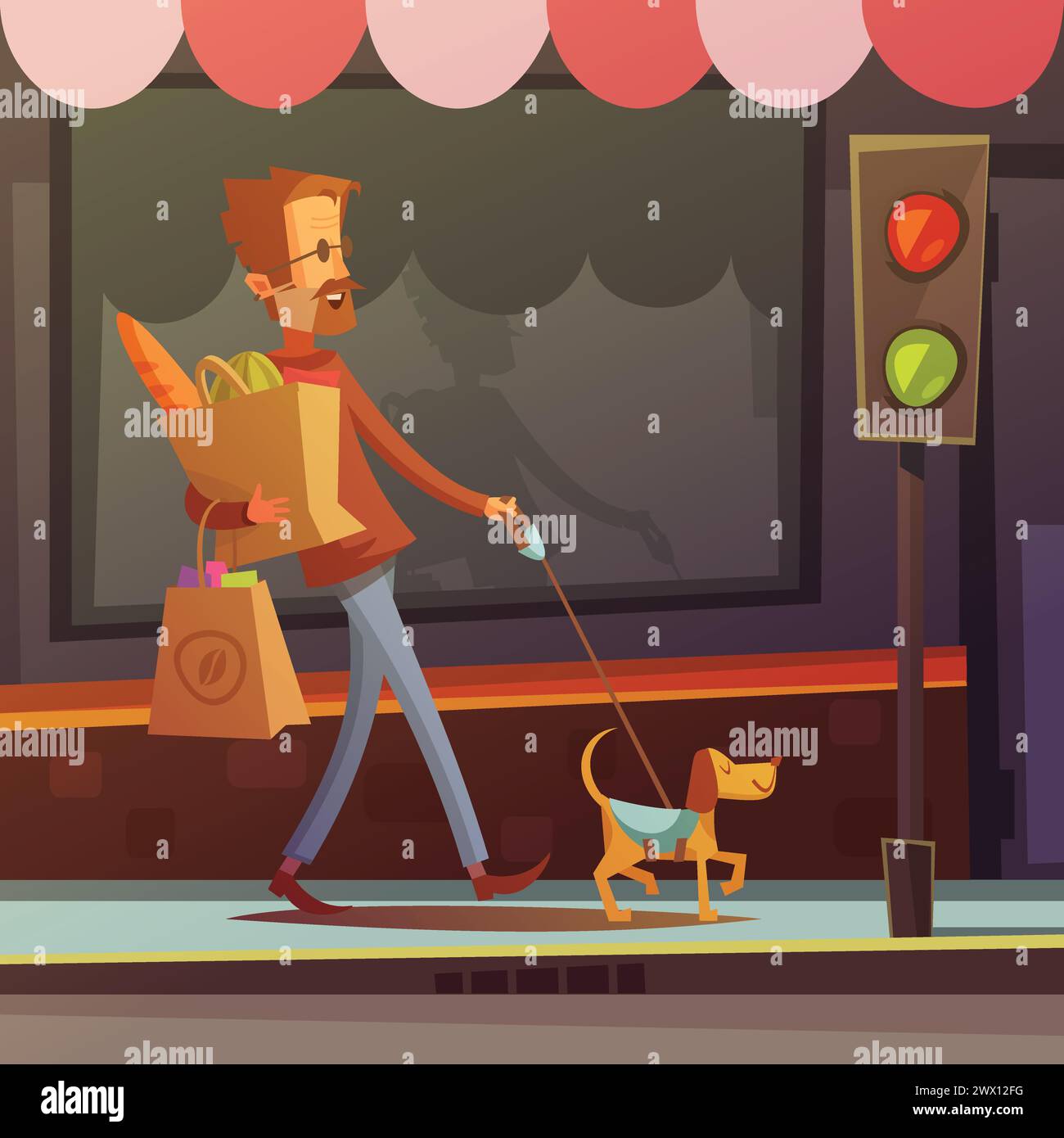 Color cartoon illustration depicting disabled blind man with dog on the ... Color cartoon illustration depicting disabled blind man with dog on the ...