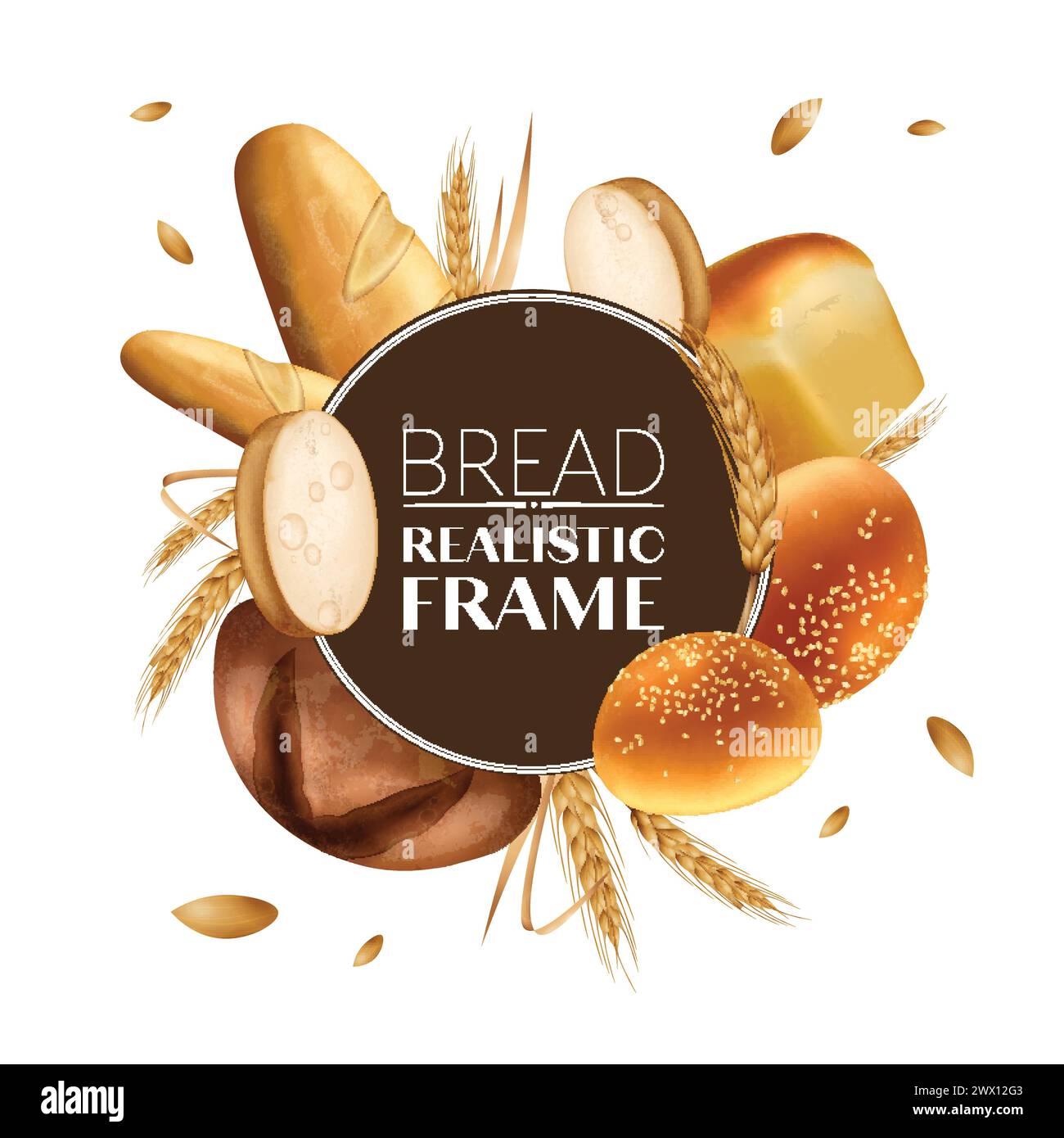 Bakery realistic round frame with bread loaves and ears of wheat vector ...