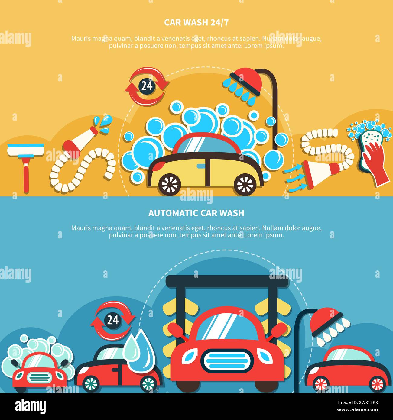 Set of two horizontal car wash banners with doodle style images of ...