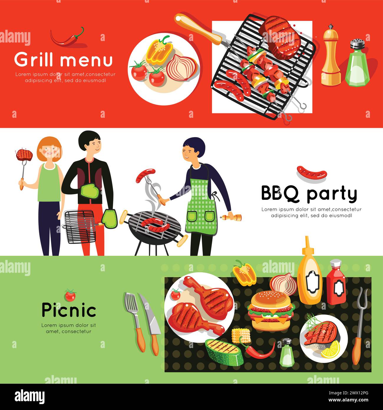 Grilled meat and vegetables menu at picnic barbecue party 3 flat ...
