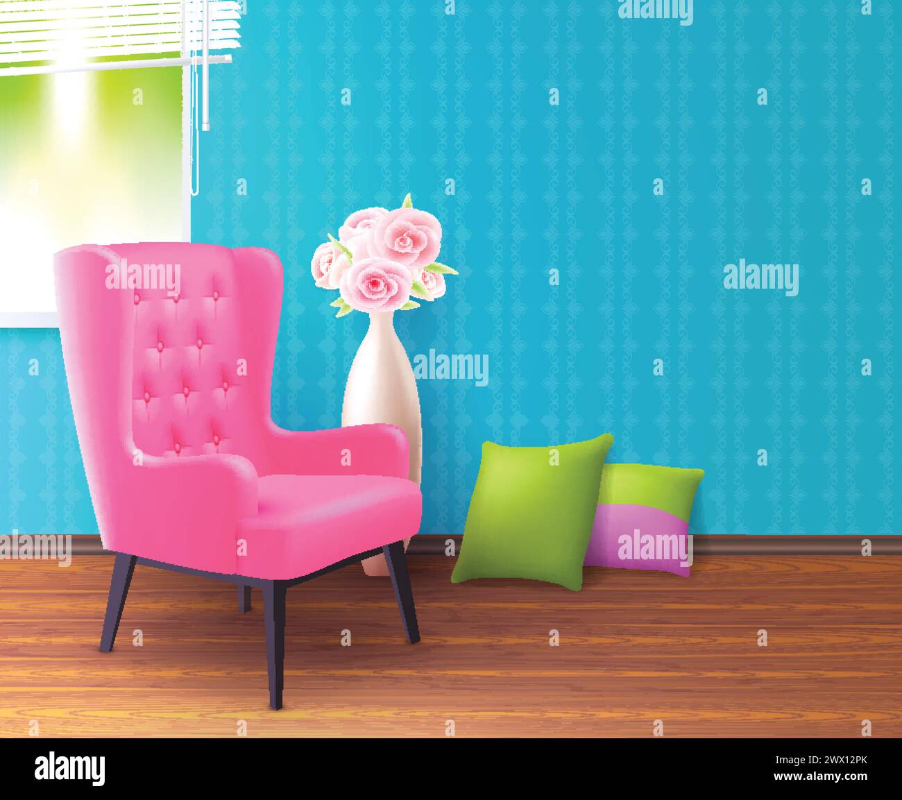 Cute pink realistic soft chair interior poster with pillows on the ...