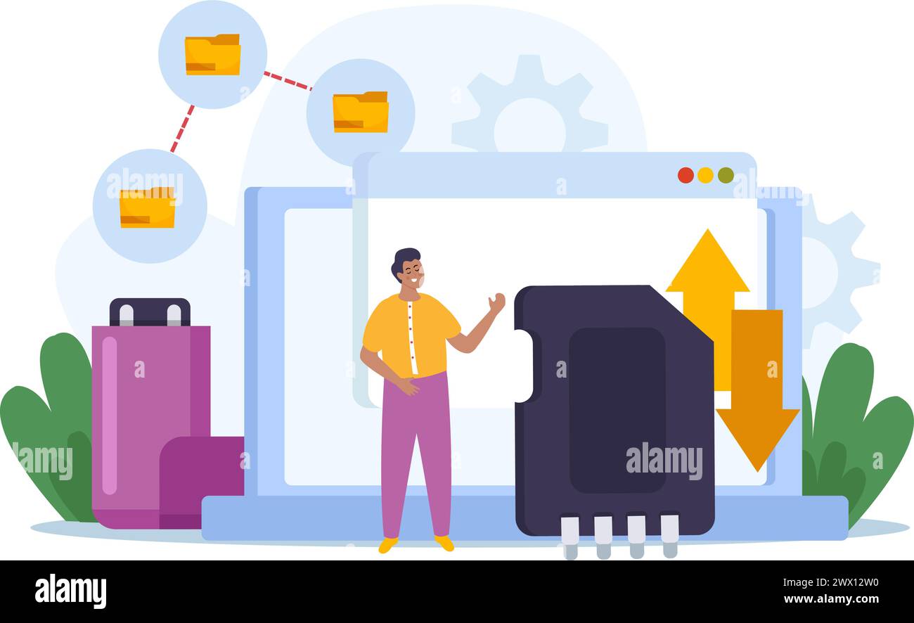 Backup and data recovery keeping files safe flat composition with male ...