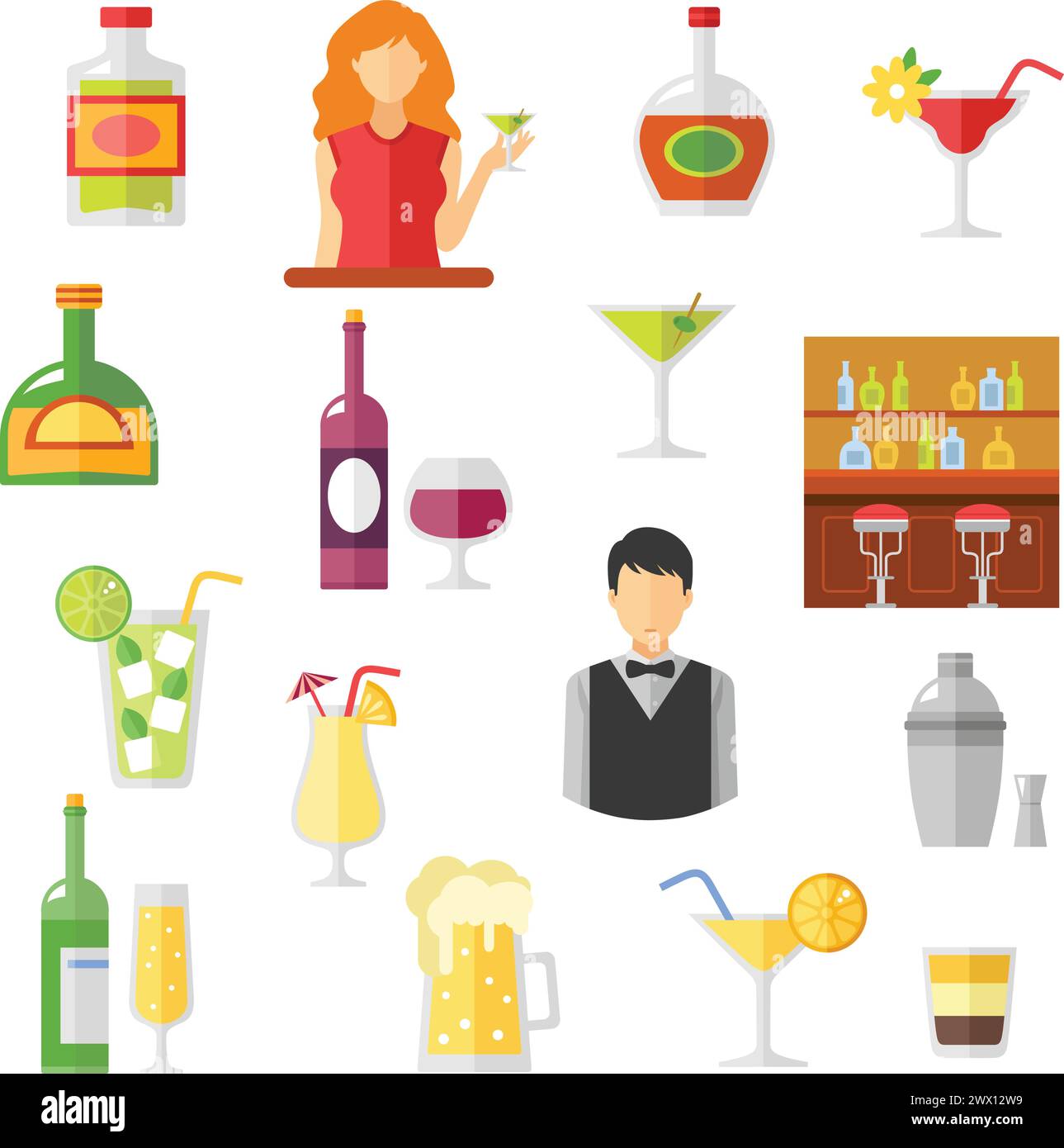 Bar cocktails and alcohol drinks shaker with barmen and customers flat ...
