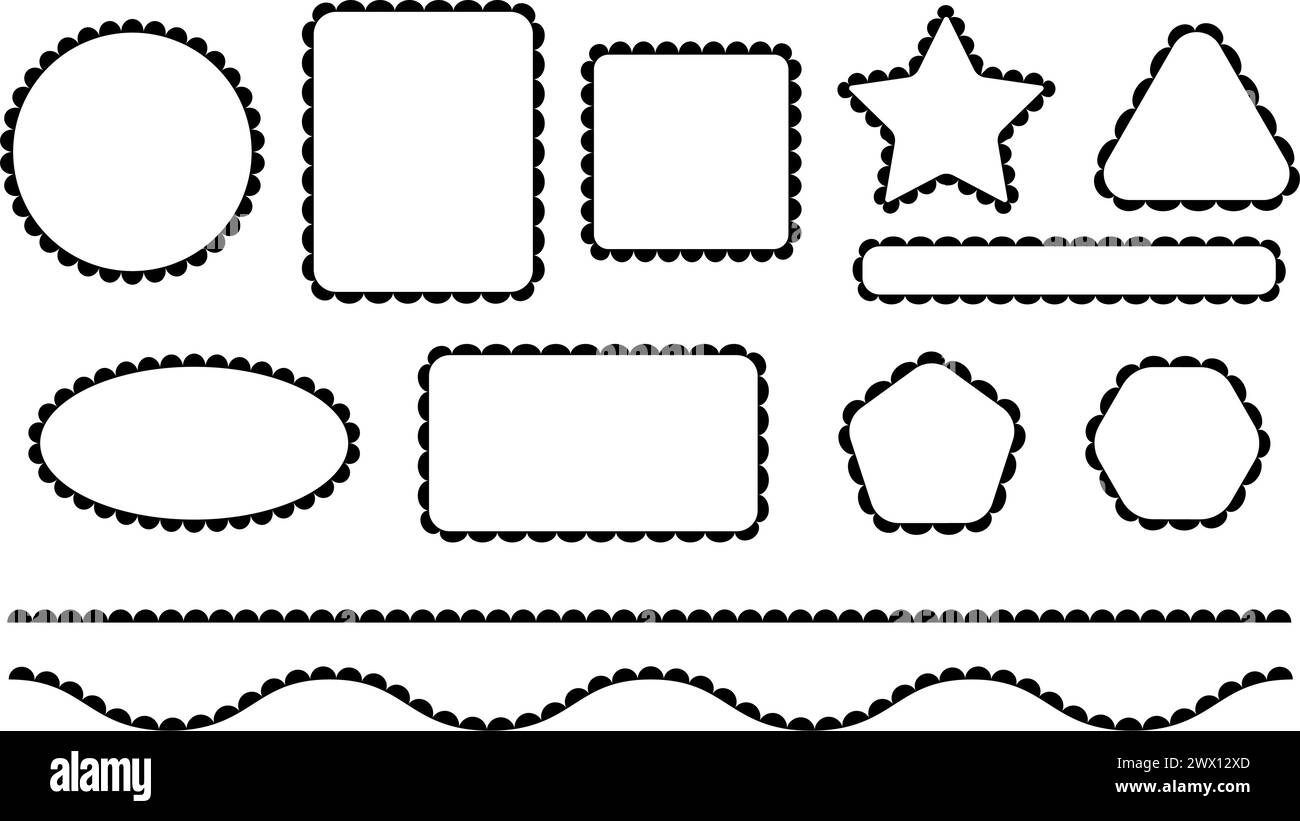 Set of round, square, rectangle, star, triangle and oval frames and borders with wavy edges ...