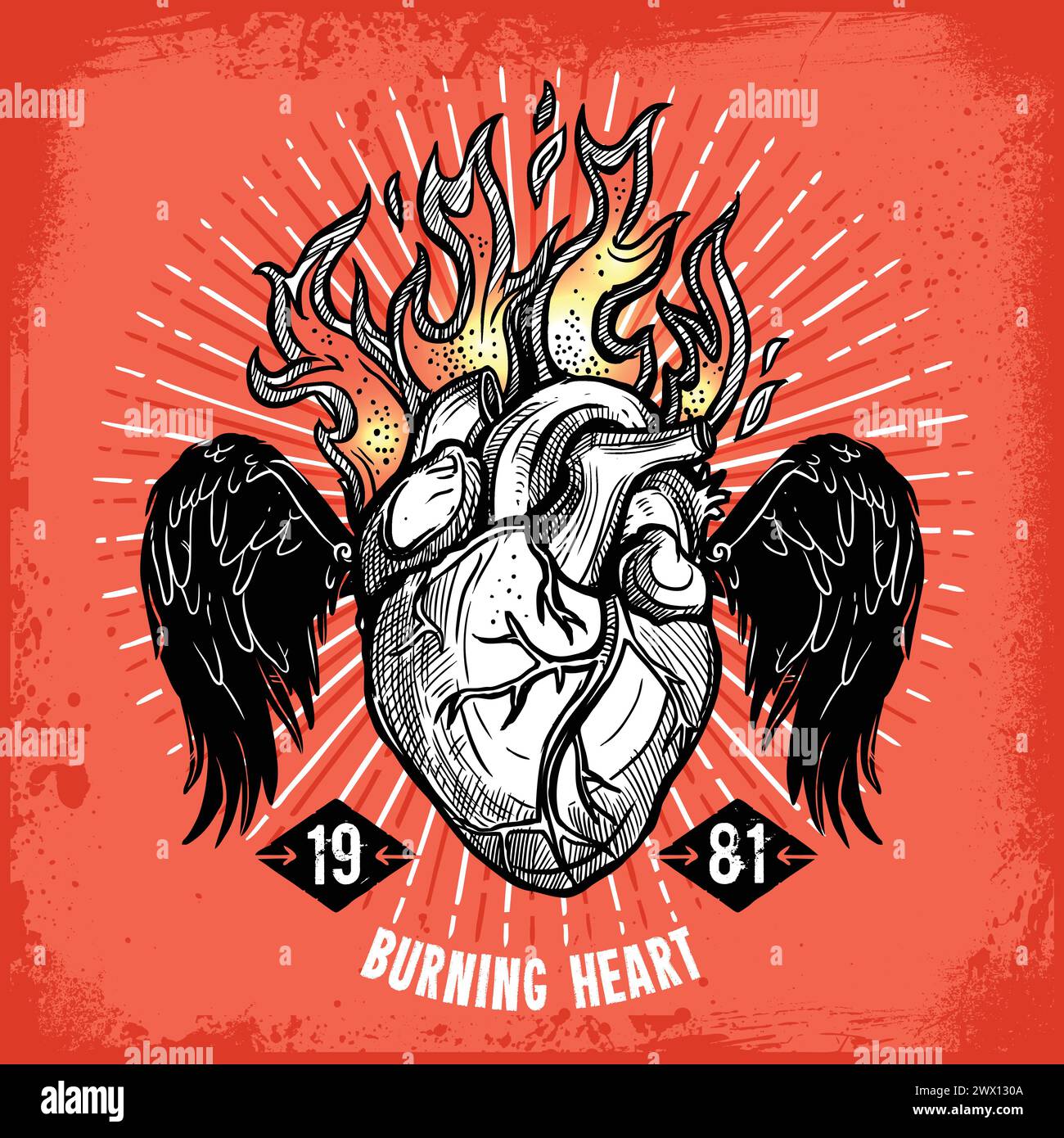 Poster of hand drawn burning heart with wings tattoo on red background ...