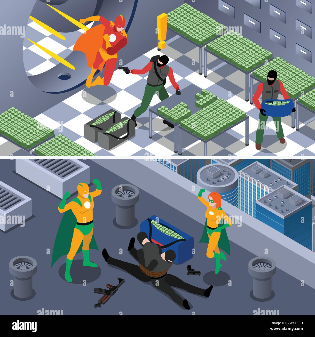 Superhero And Robbery Isometric Concept. Superheroes Horizontal Banners ...