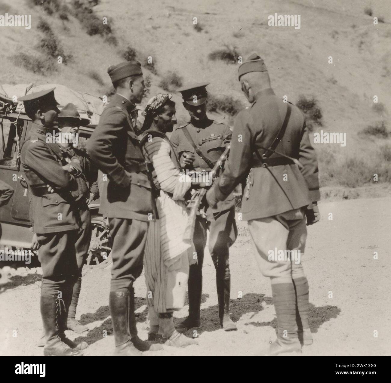 Original caption: General Harbord and Moseley inspecting an Arab's ...