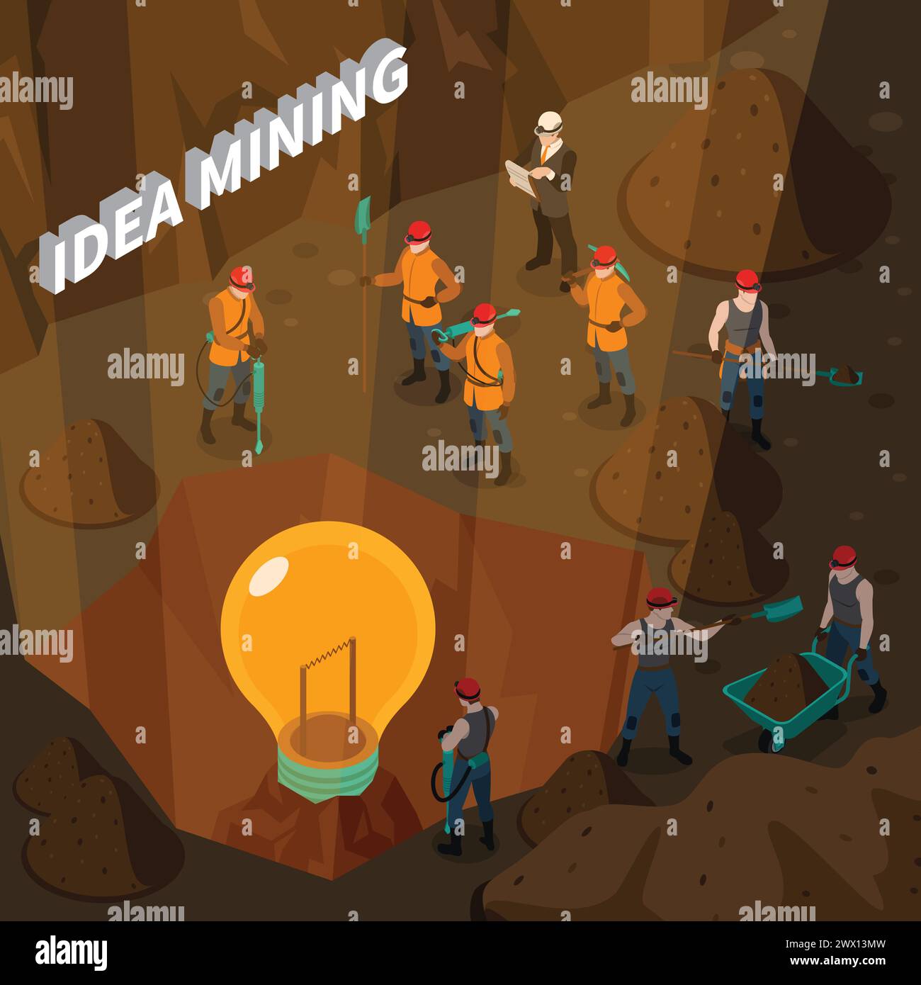 Idea isometric concept with people working in mine and holding mining ...