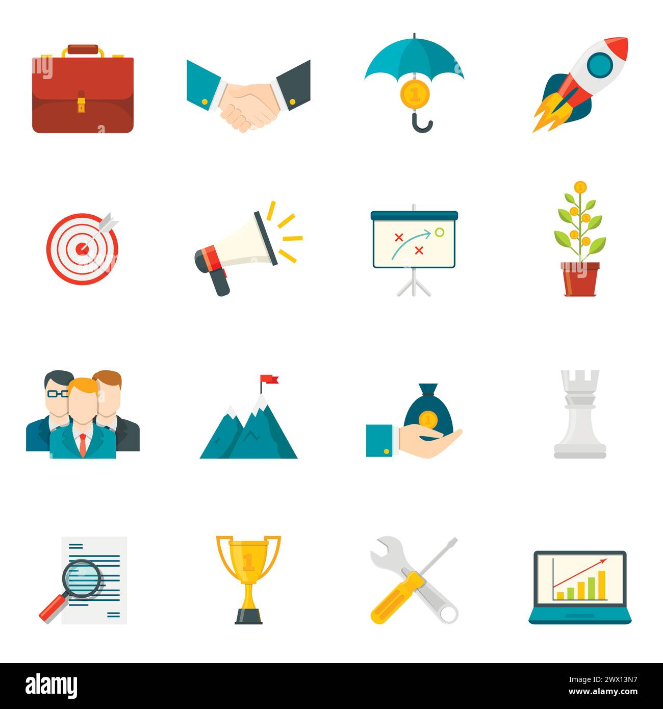 Entrepreneurship flat color icons set with business startup work in ...
