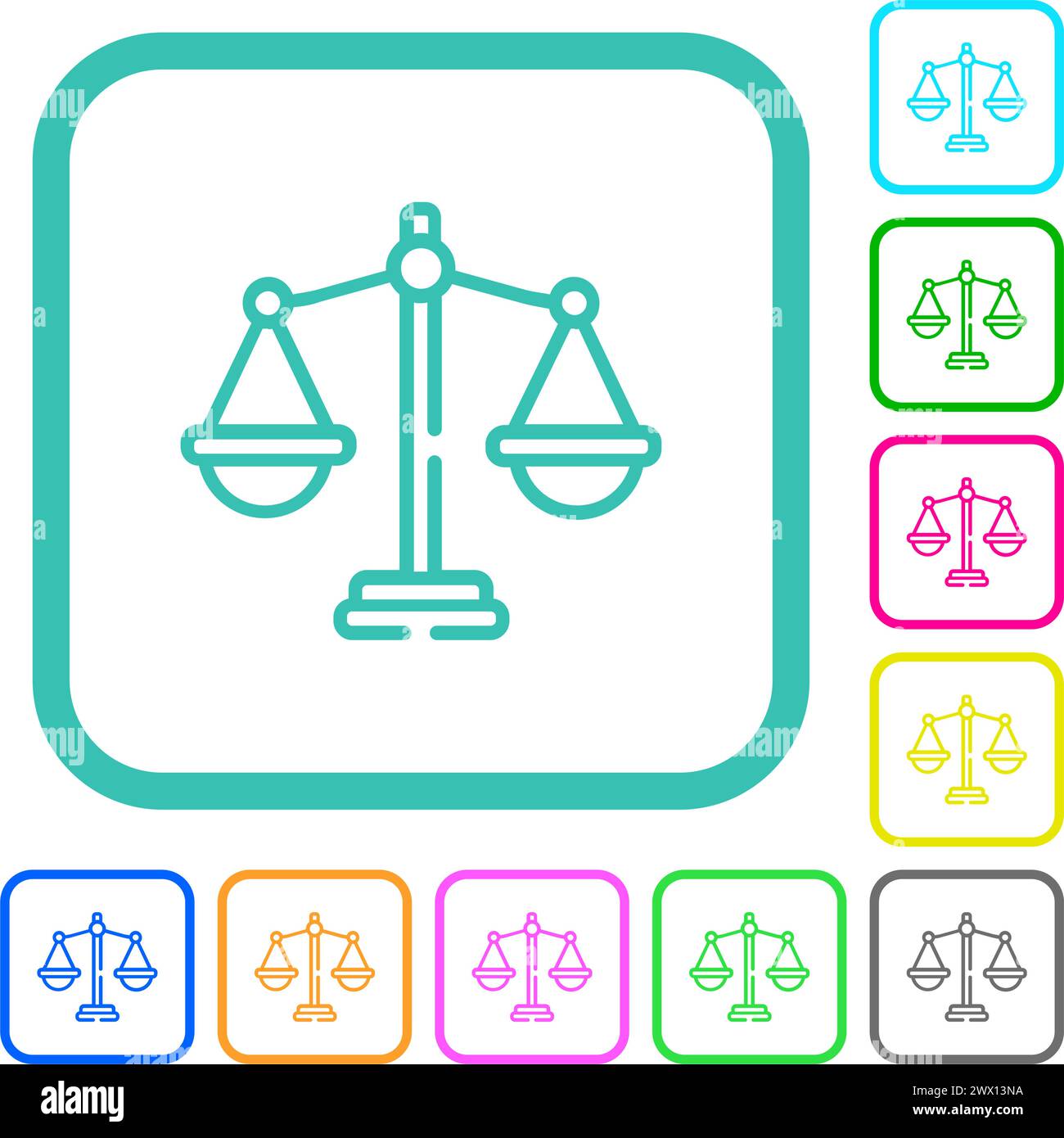 Scales of justice outline vivid colored flat icons in curved borders on ...