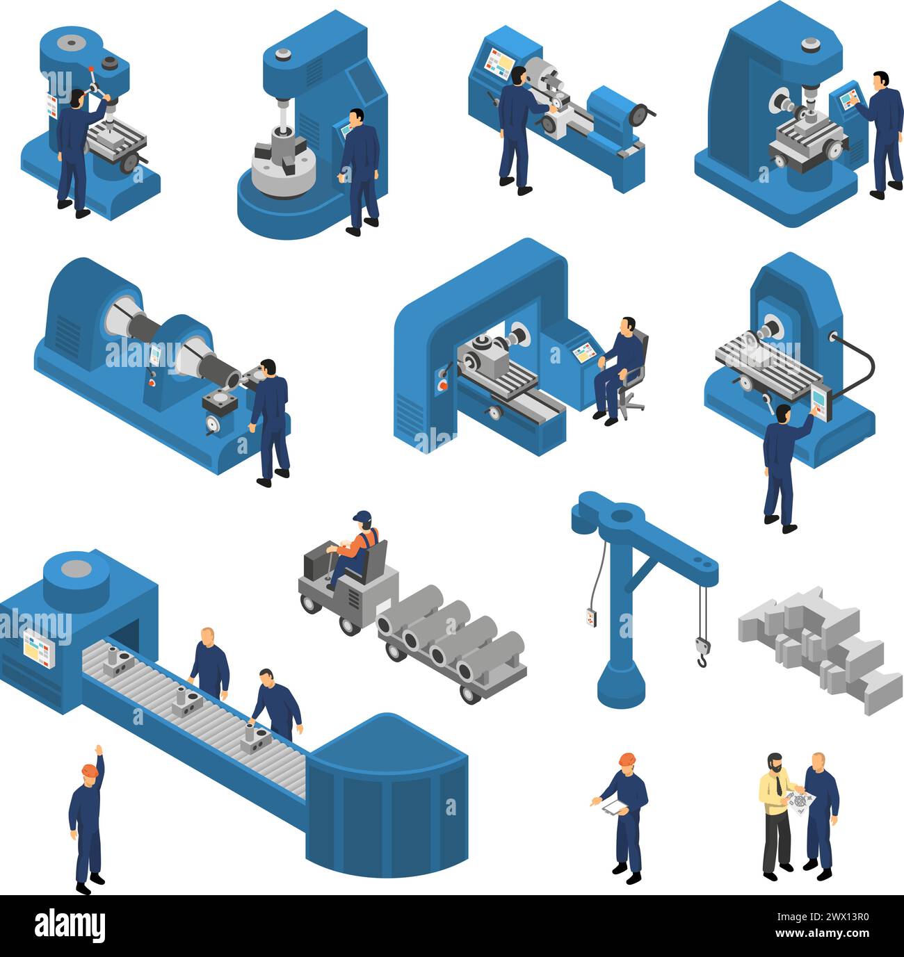 Isometric set of workers near machine tools with computer technologies ...