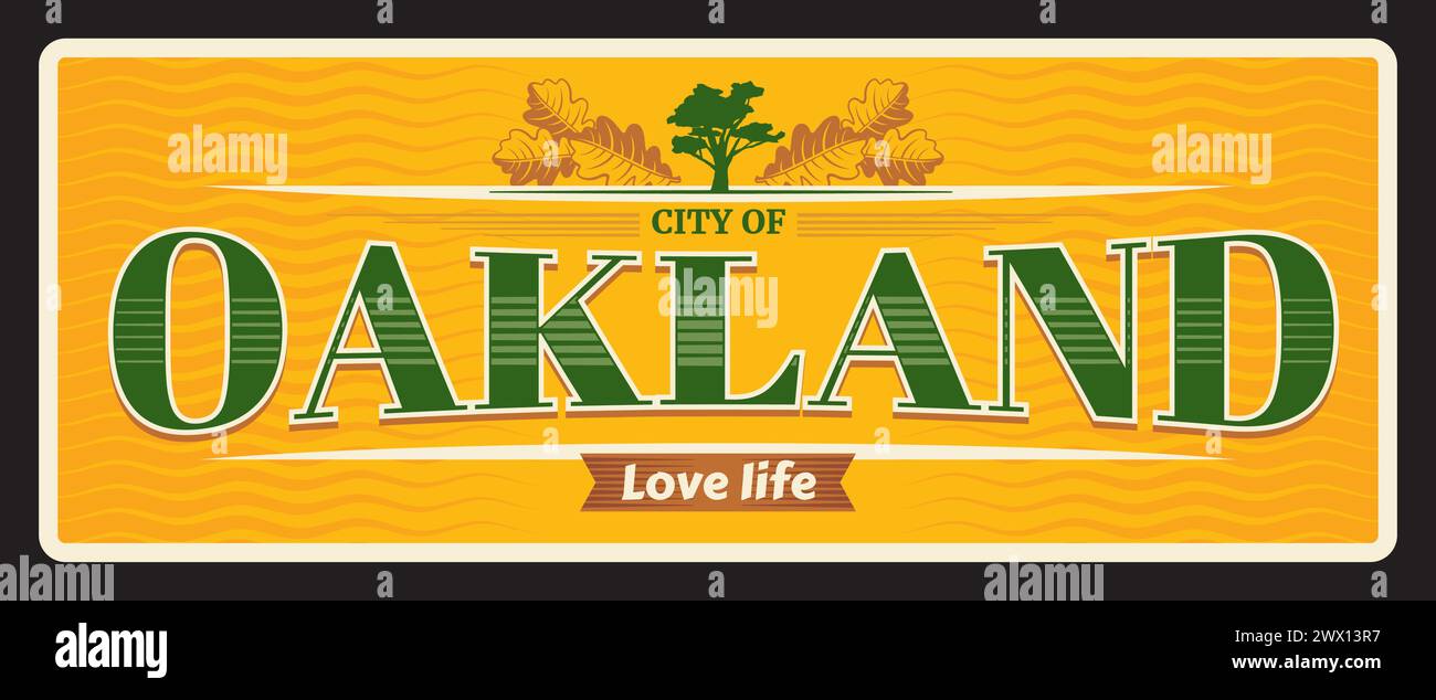 Oakland US city plate, vintage travel plaque, tourist destination card ...