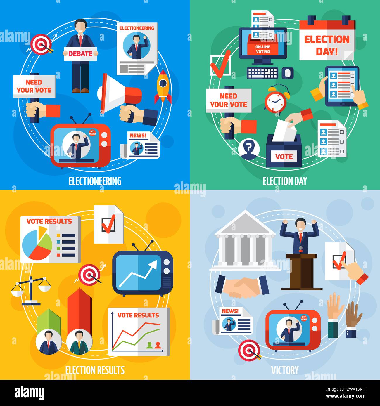 Elections and voting 2x2 design concept set of media discussion vote ...