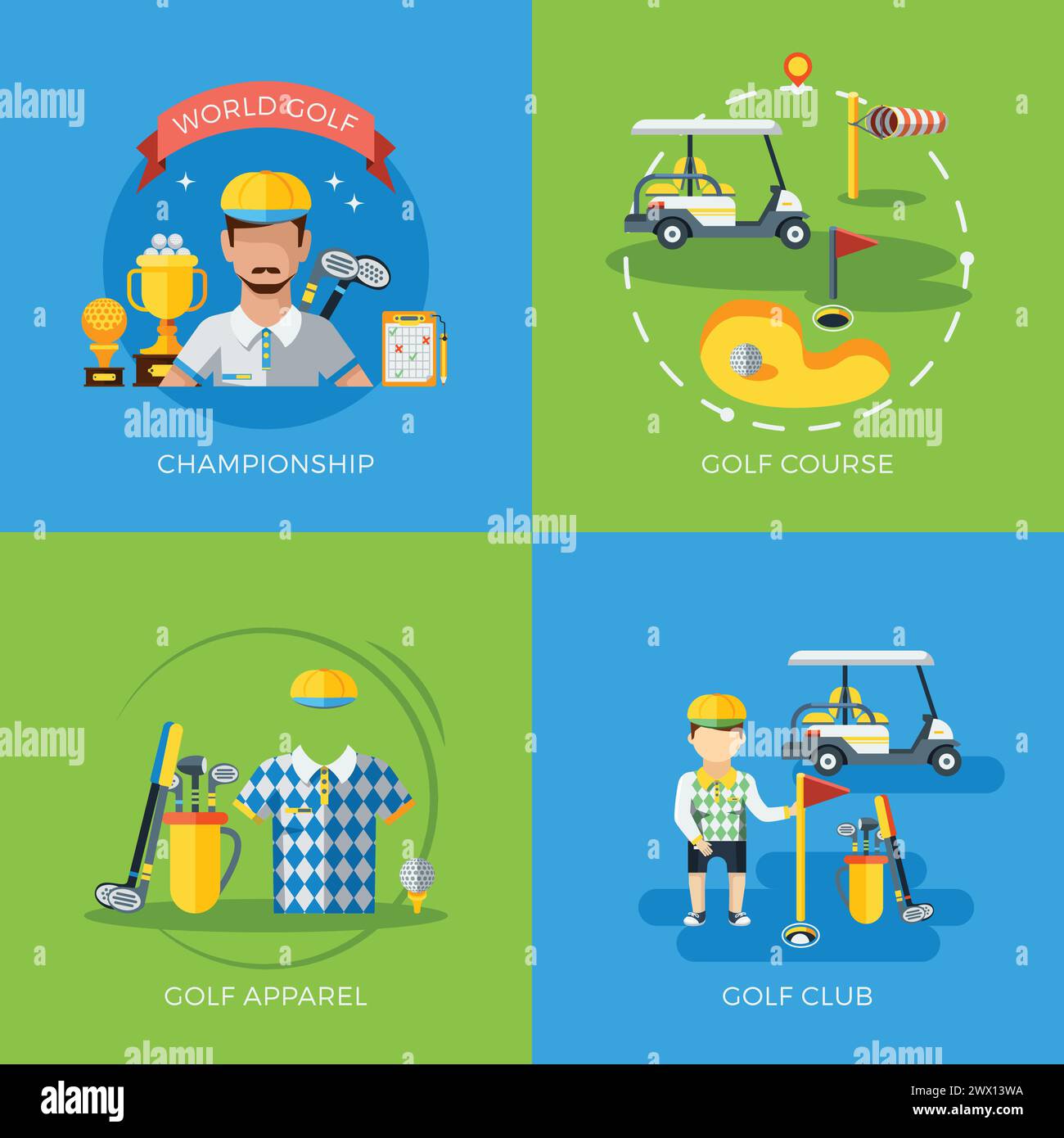 World golf championship club course and apparel 2x2 flat icons isolated ...