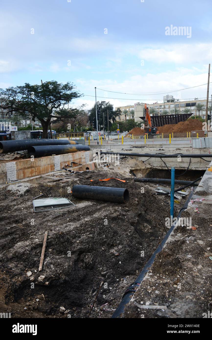 March 2024, Tel-Aviv Israel. Light rail construction in the city center ...