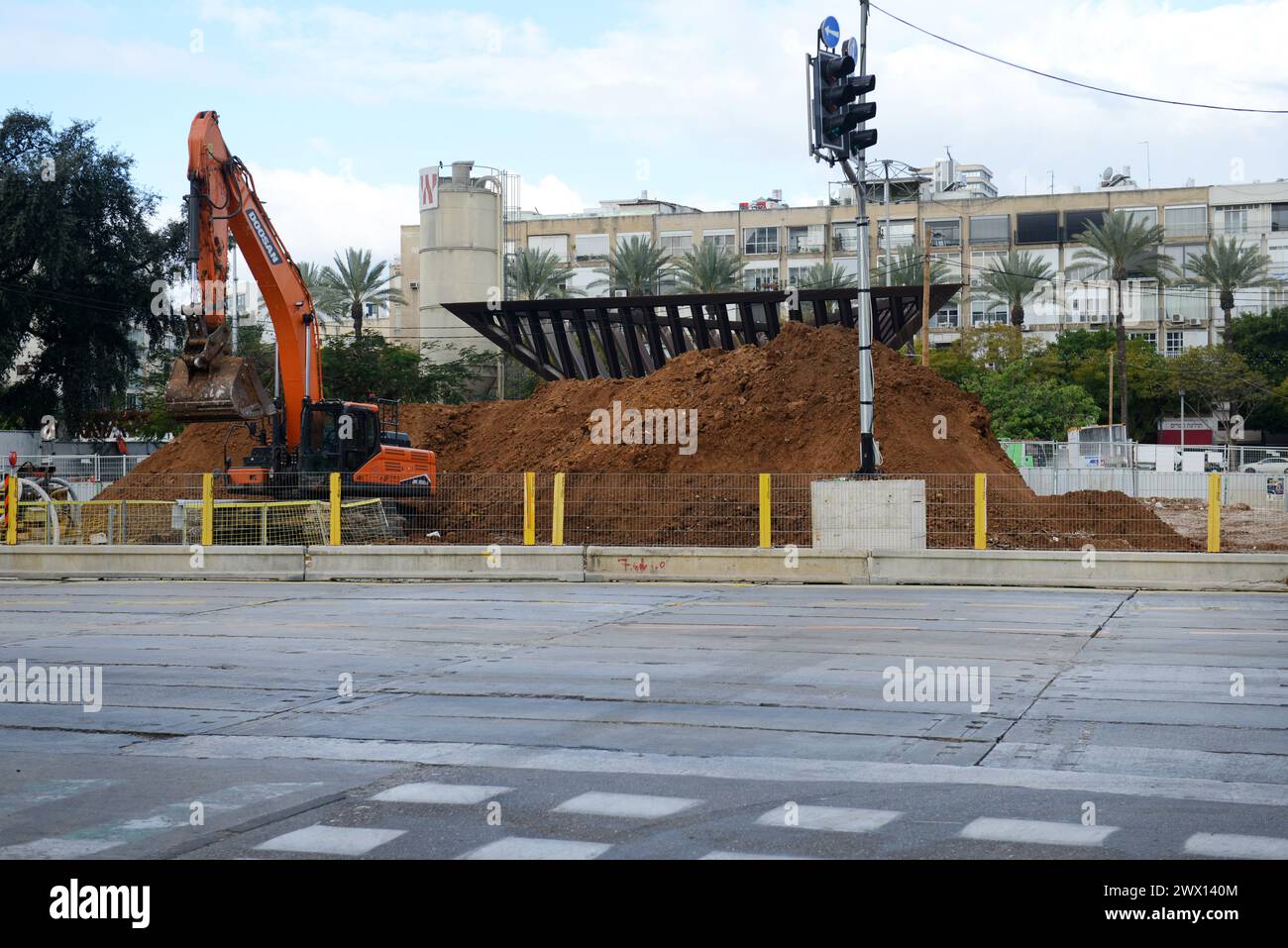 March 2024, Tel-Aviv Israel. Light rail construction in the city center ...