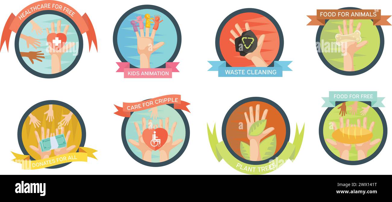 Isolated volunteering emblems set with helping hand images and signs ...