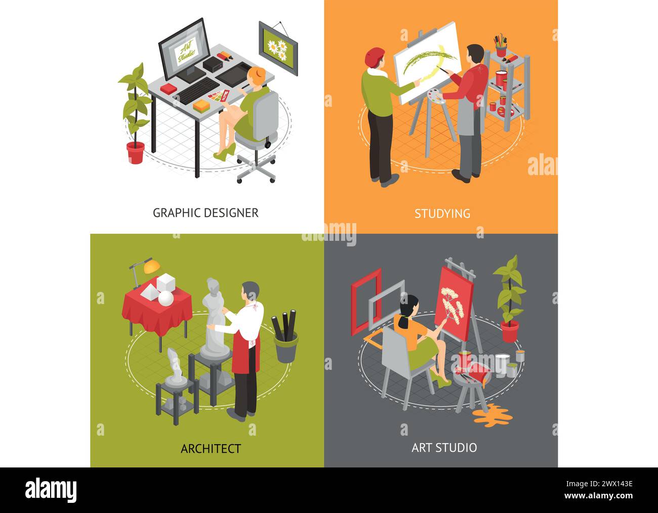 Architect graphic designer and painters working in art studio isometric ...