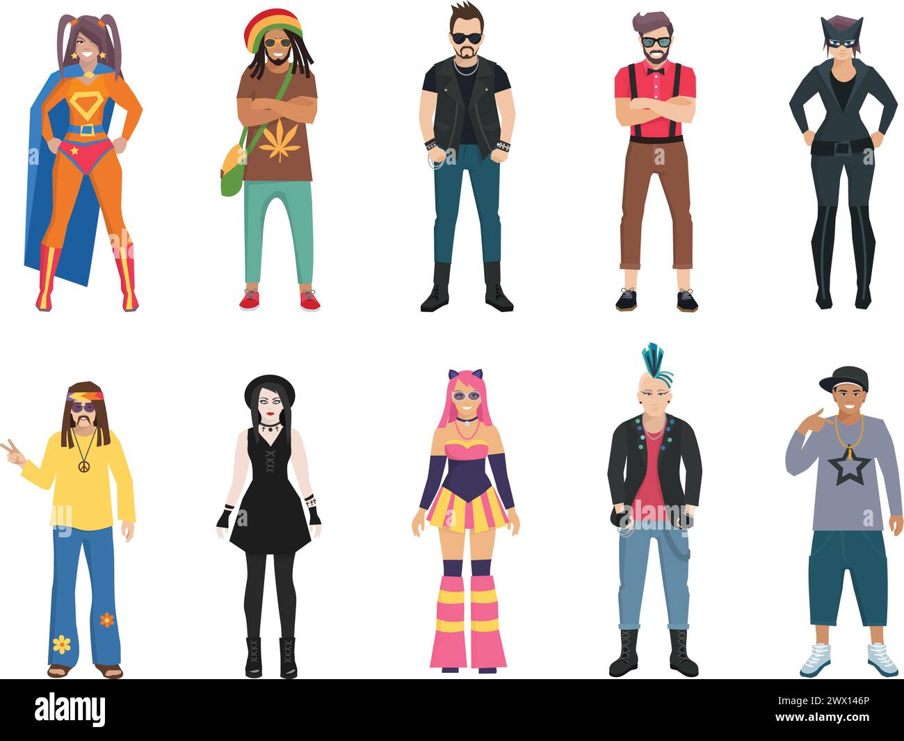 Different subcultures trendy full length man and woman isolated icons ...