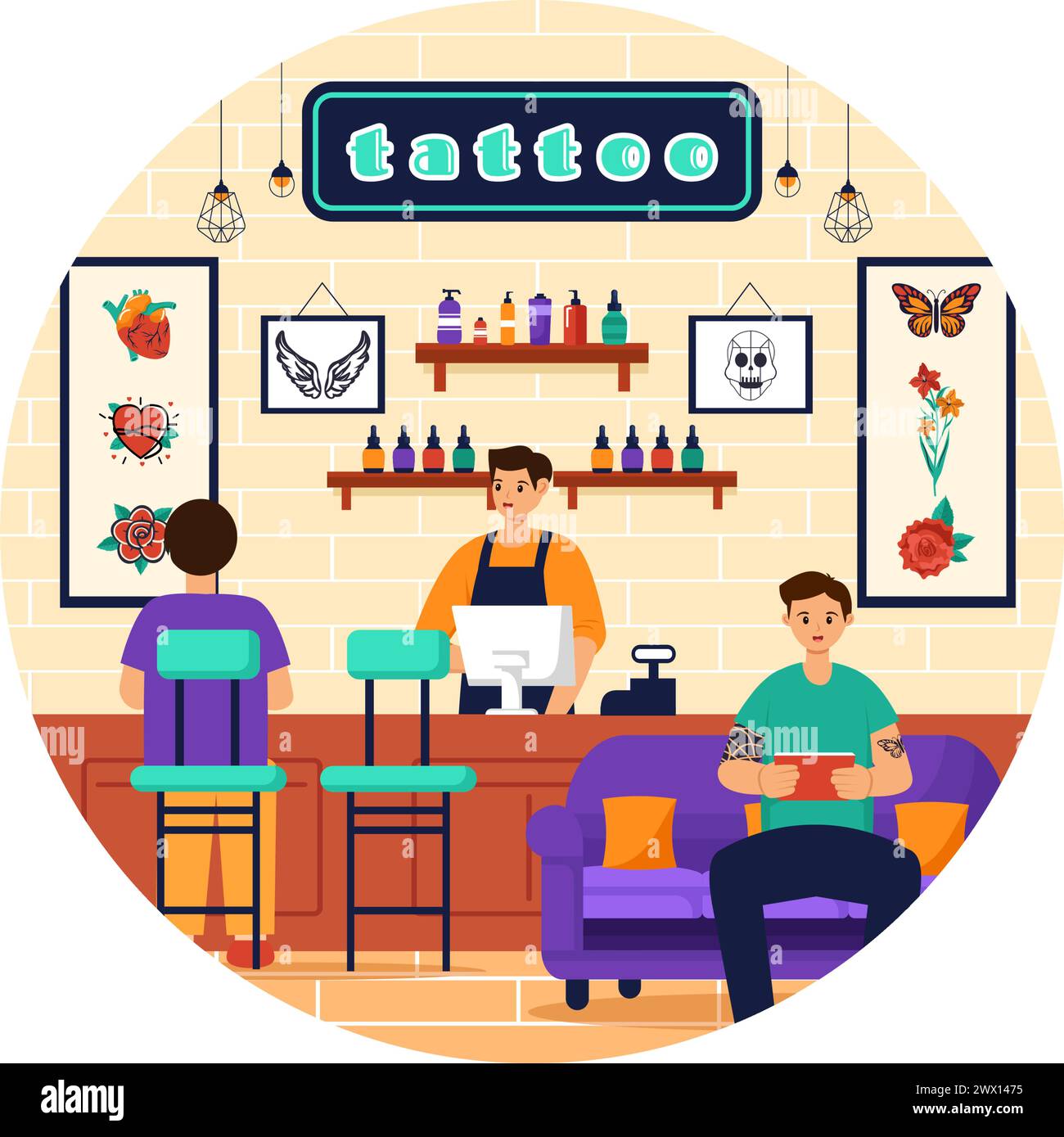 Tattoo Salon Vector Illustration of Tattooist from Designing, Drawing ...