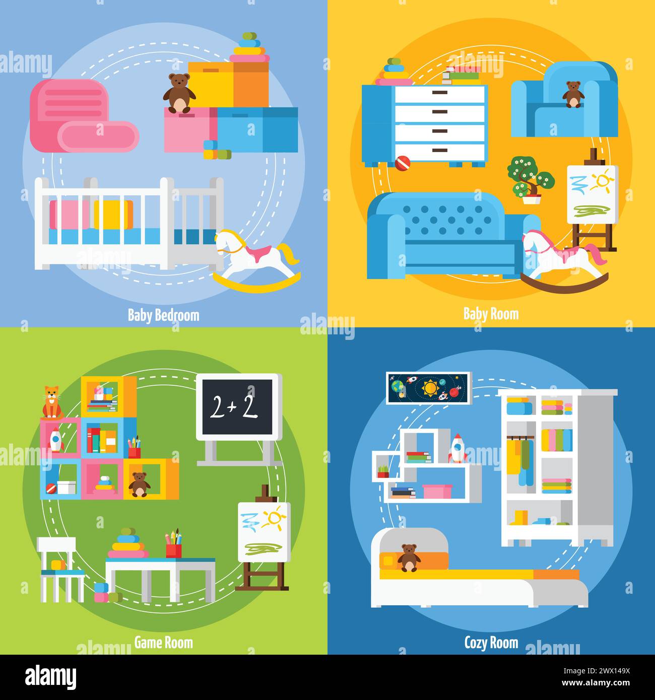 Baby room flat 2x2 design concept set of bedroom game room cosy room ...