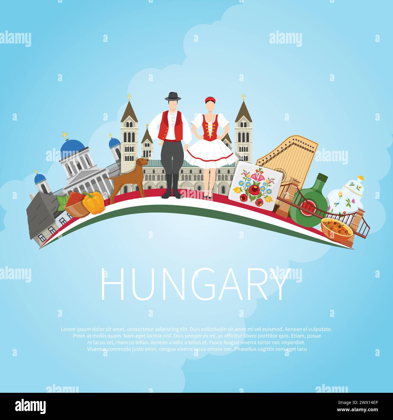 Hungary travel concept with flat composition of traditional folk art ...