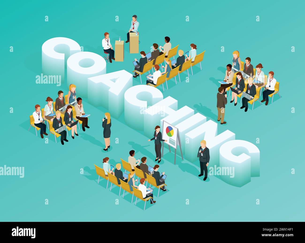 Business education isometric template with 3d coaching inscription ...