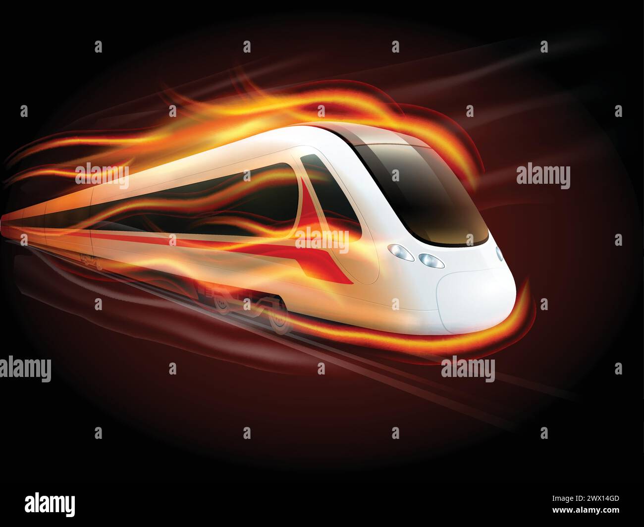 Night high-speed train on the way enwrapped in fire flames spectacular ...