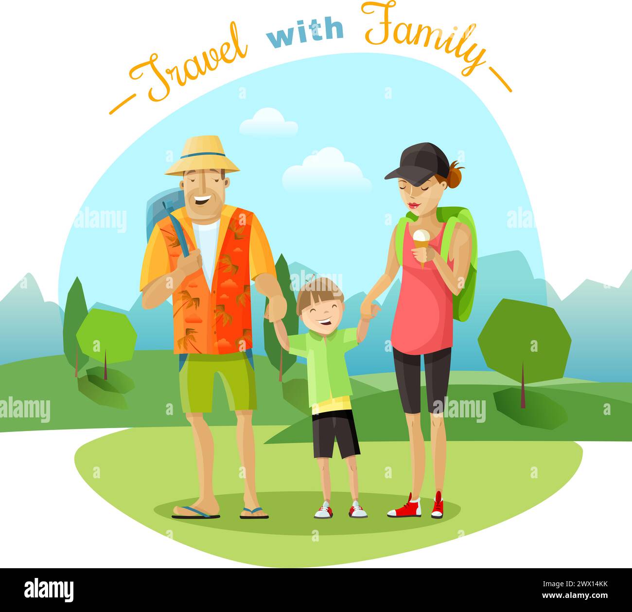 Family trip with mother father and child in the park cartoon vector ...