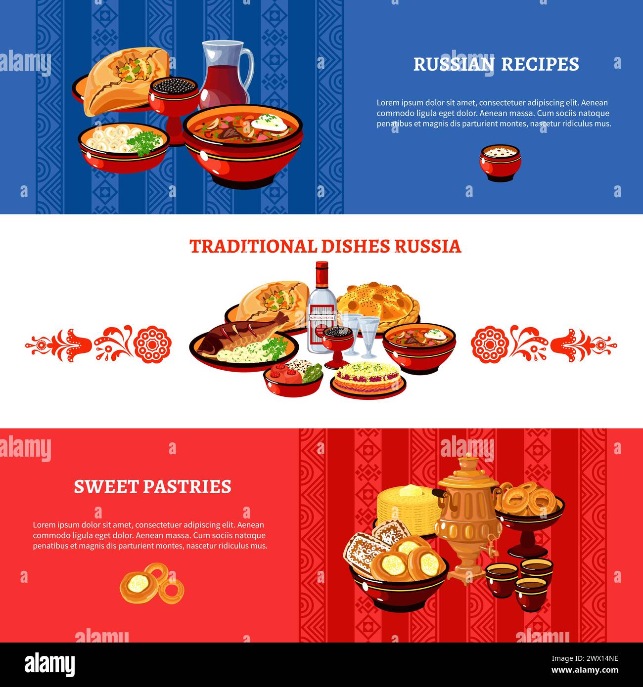 Russian cuisine flat national flag colors horizontal banners set with ...