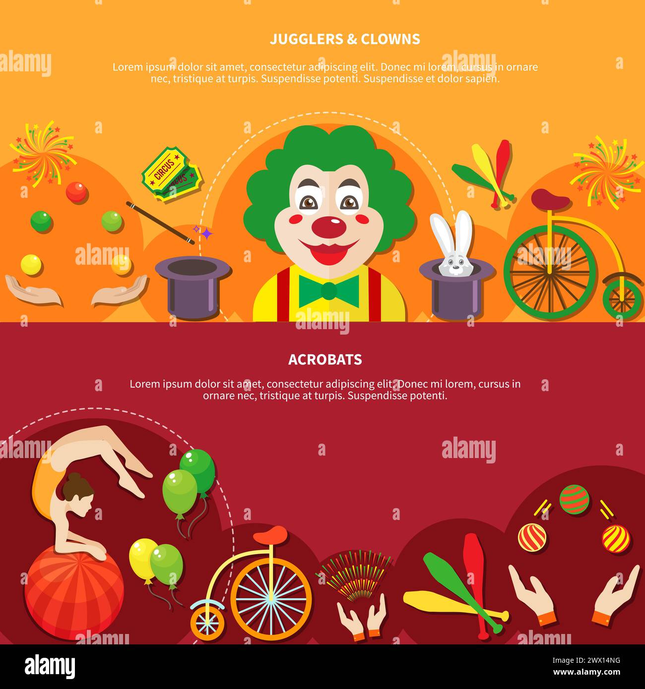 Circus horizontal banners set flat isolated vector illustration Stock ...