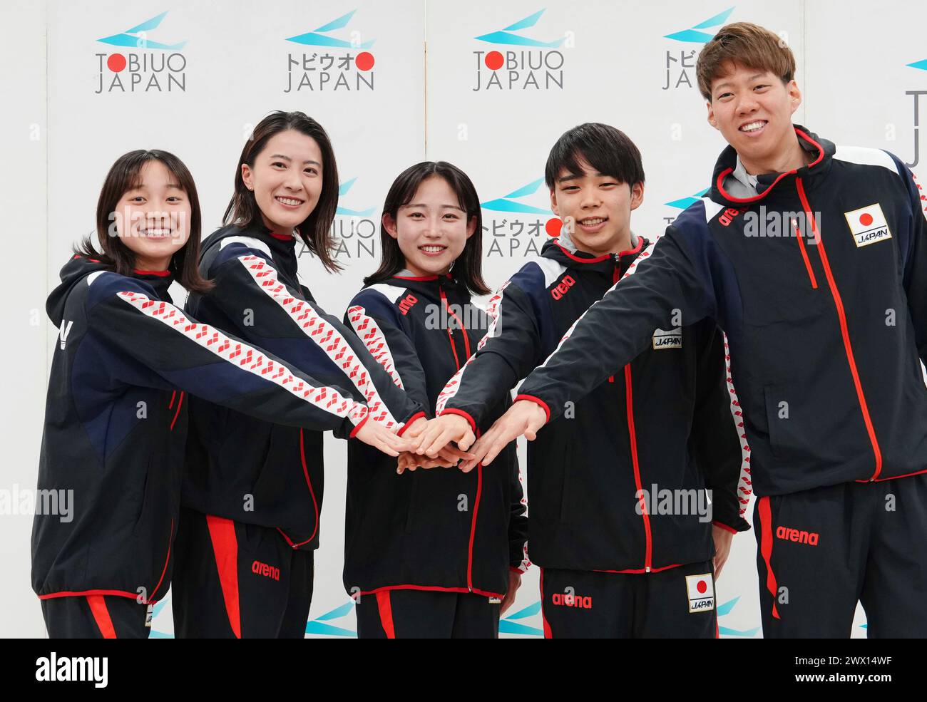 Mio Narita, Yui Ohashi, Airi Mitsui, Genki Terakado and Ippei Watanabe pose for a photo after ...
