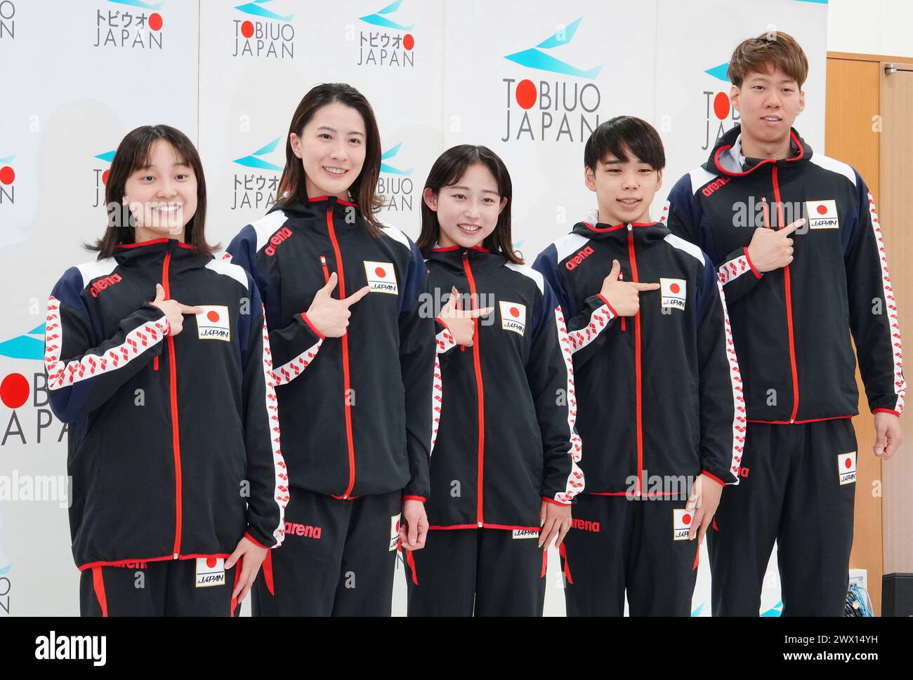 Mio Narita, Yui Ohashi, Airi Mitsui, Genki Terakado and Ippei Watanabe pose for a photo after ...