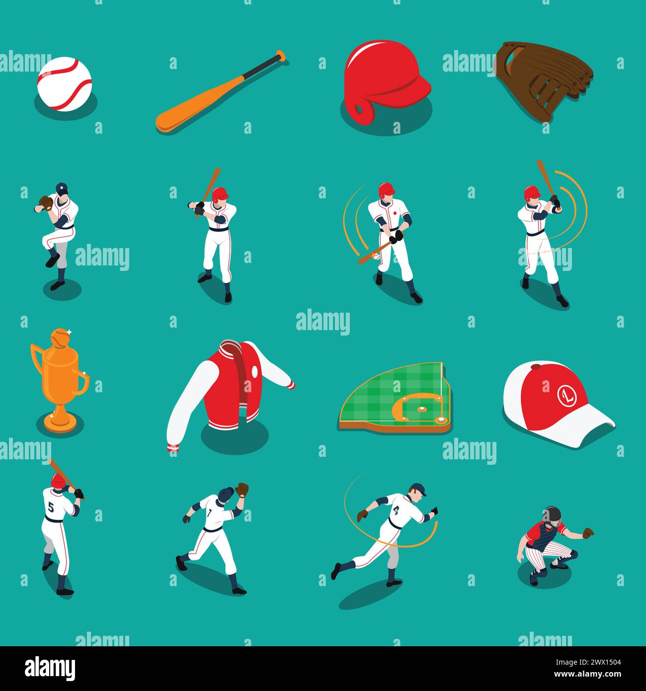 Baseball set of isometric icons with players sports gear and trophy on ...