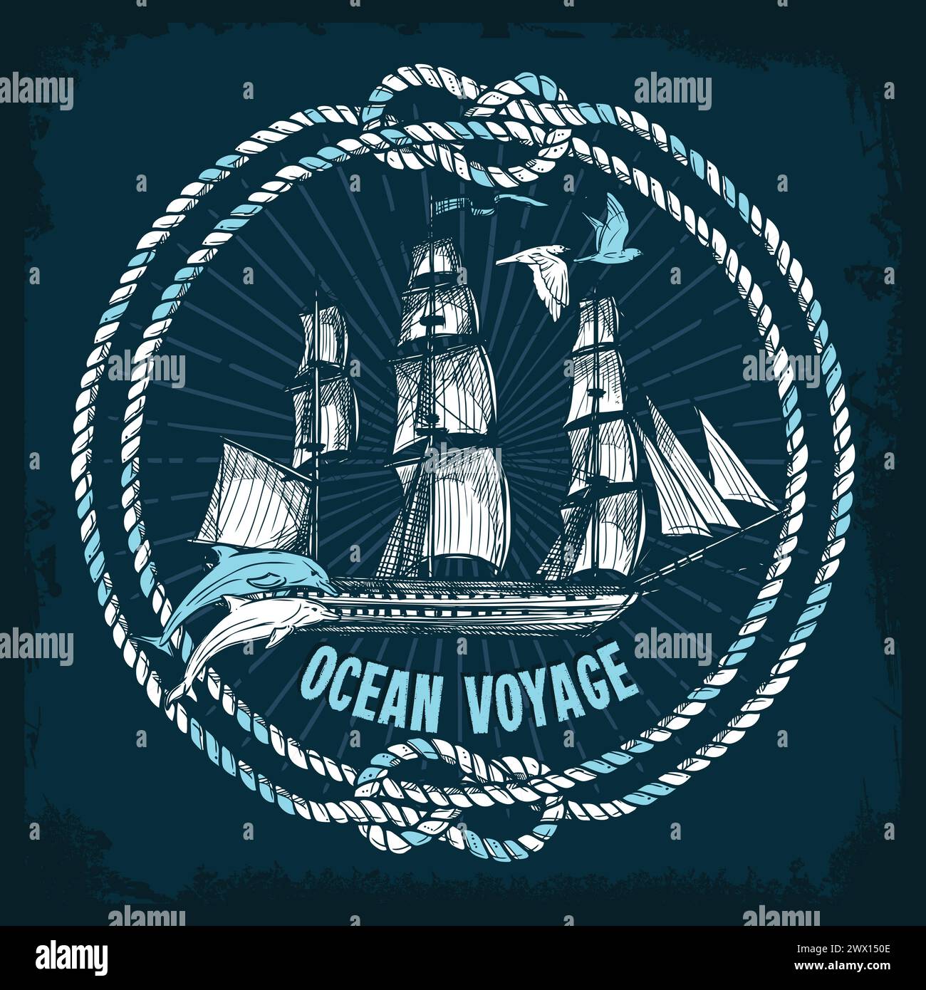 Hand drawn sea background with wheel ship fish gulls and rope knots ...