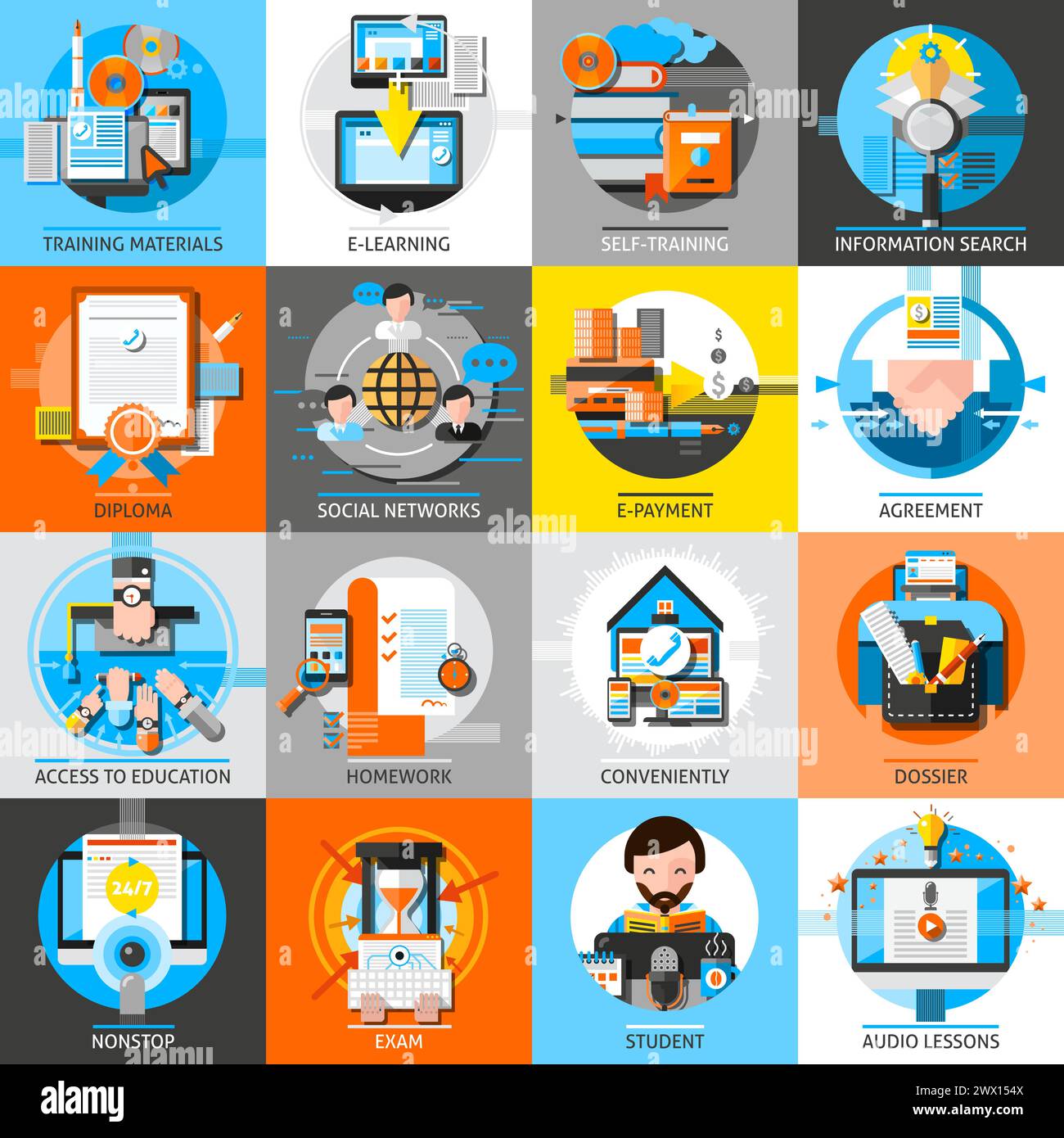 Online education flat color icons set of training materials audio ...