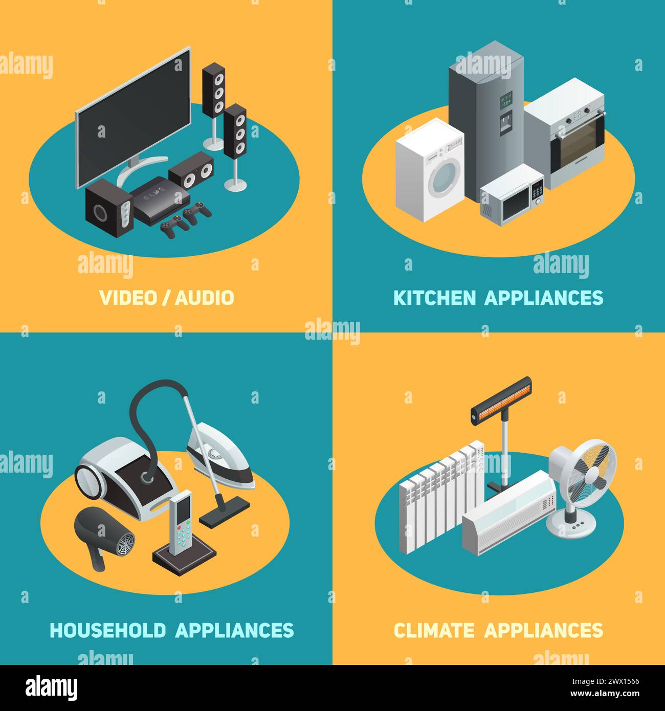Household appliances 4 isometric icons square poster with video audio ... Household appliances 4 isometric icons square poster with video audio ...