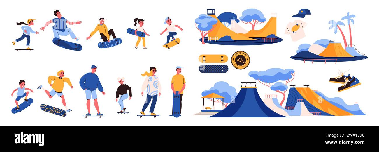 Skater icons set with skates and longboards isolated vector ...