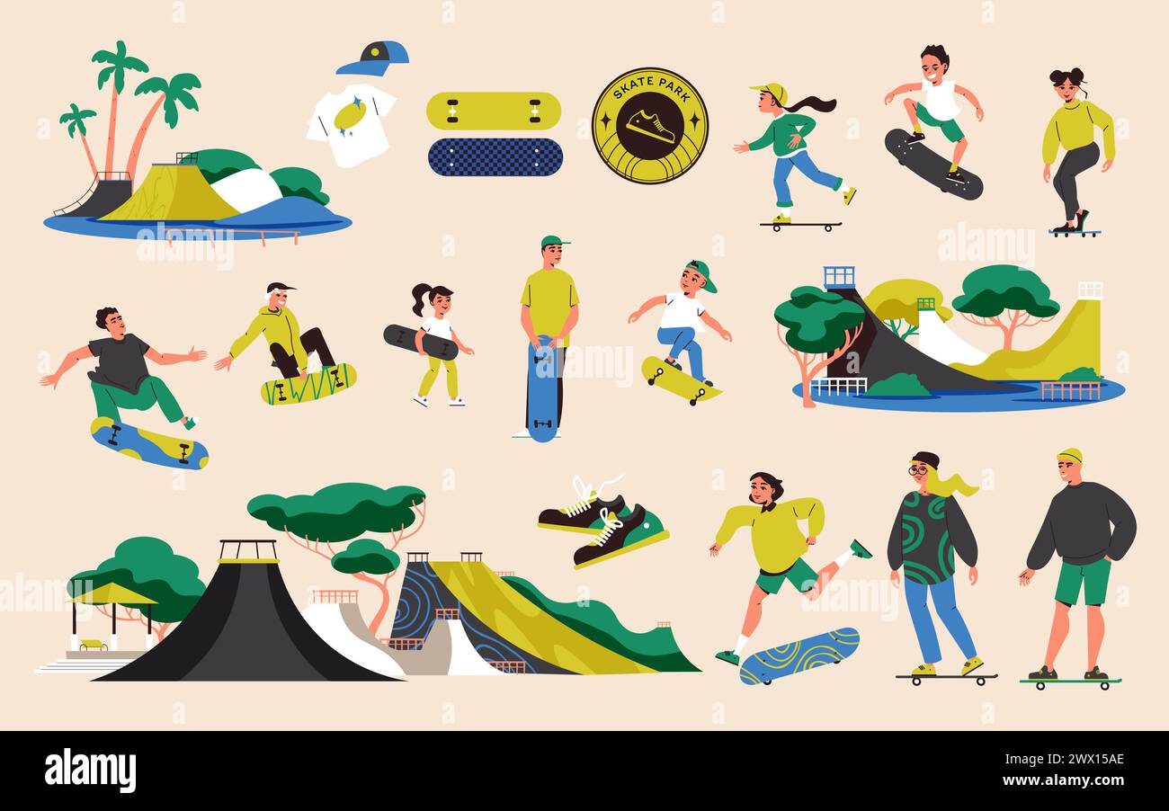 Skater color icons set with teenagers doing skate sports and park ramps ...