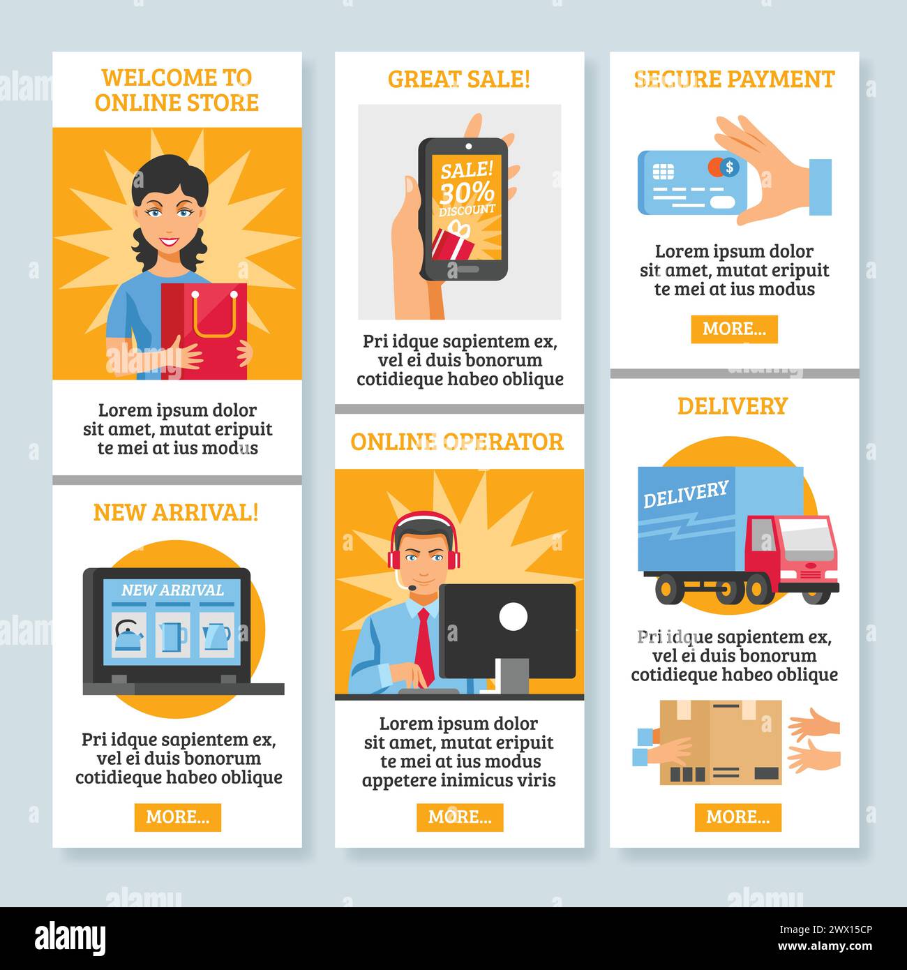 Online shopping vertical banners set with payment and delivery symbols ...